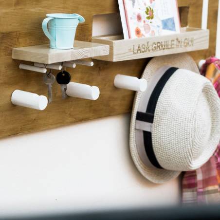 Cuier Retro din lemn masiv - agățători haine și chei, poliță și sertar